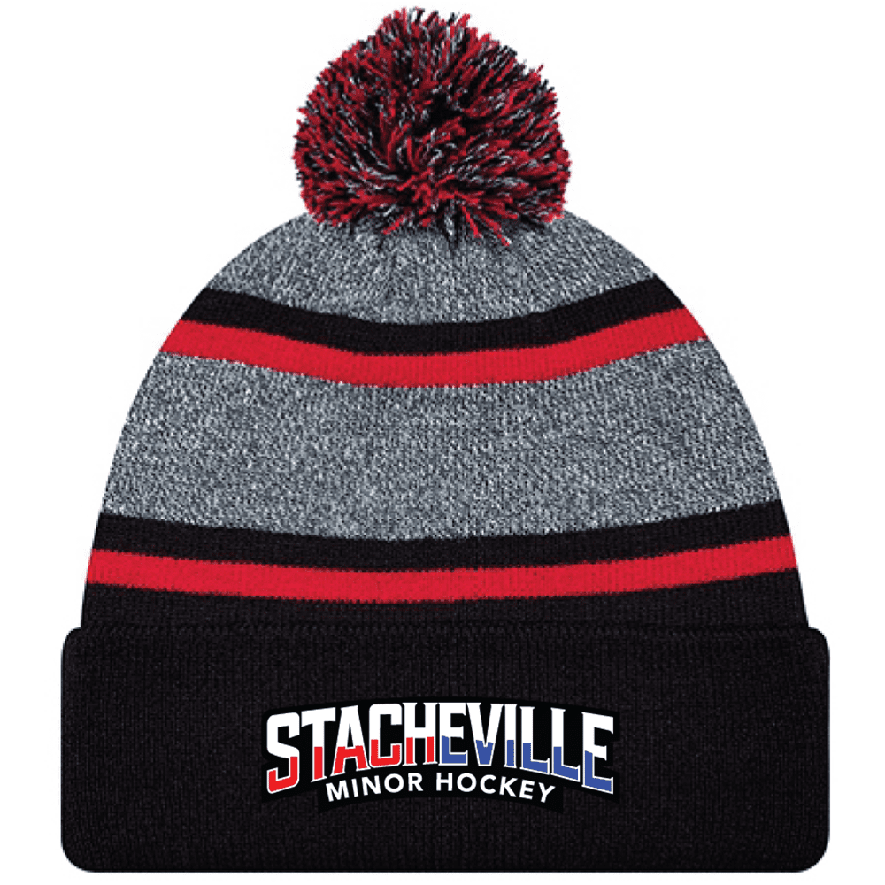 9M069M Acrylic Roll Pom Pom Toque - Black/Red/Charcoal - The Screen Door